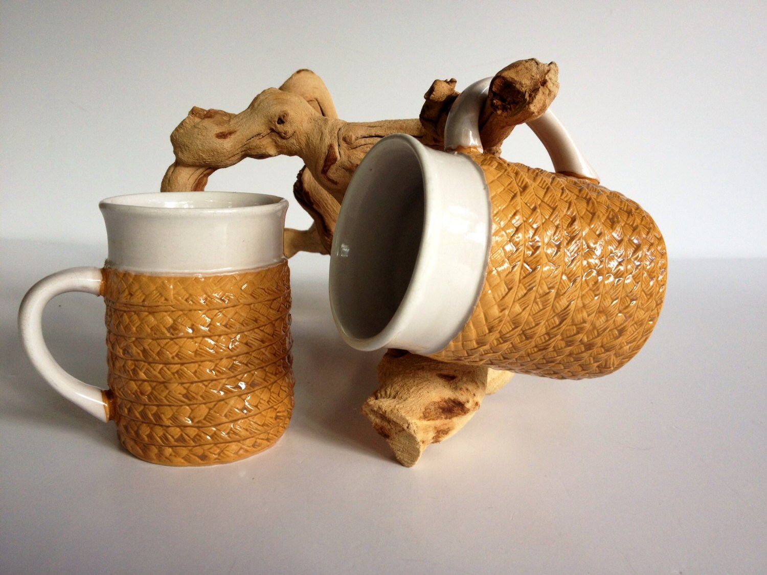 Pair Vintage Mugs Summer Beach House Cabin Pottery Faux Wicker - Etsy