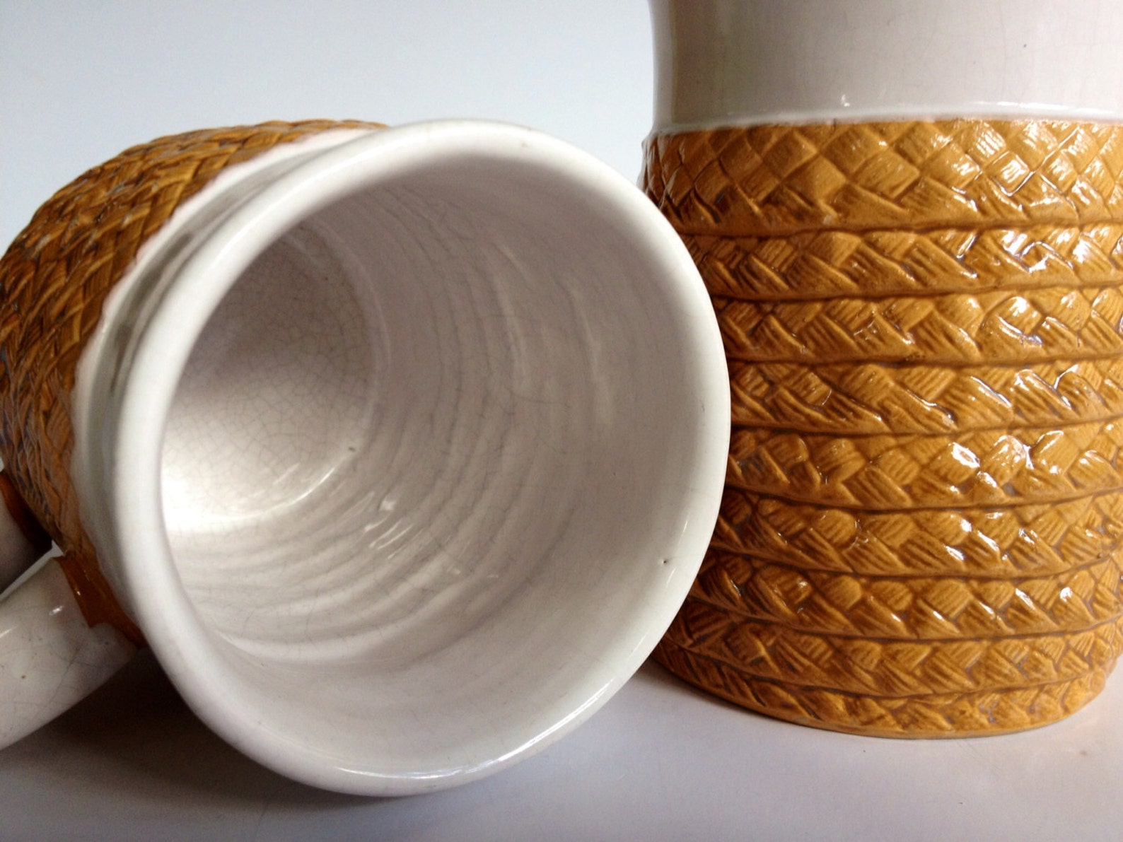 Pair Vintage Mugs Summer Beach House Cabin Pottery Faux Wicker - Etsy