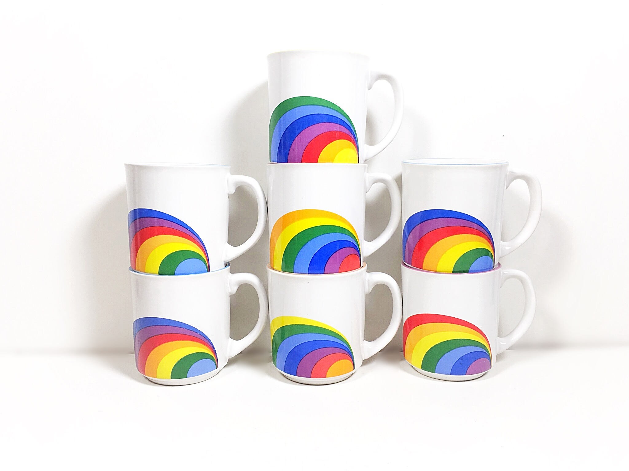 Vintage Set of Seven Mugs With Rainbow Design Rainbow Coffee Tea Mugs ...