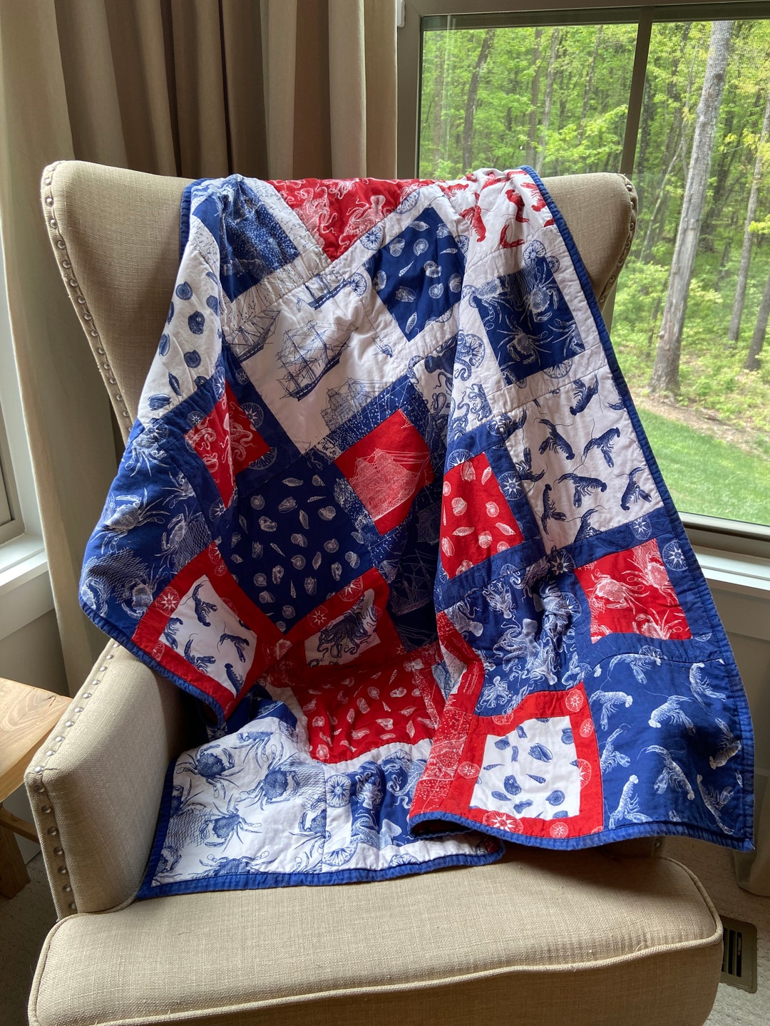 Vintage Handmade Nautical Quilt: Sea Life, Ships, Maps - Etsy