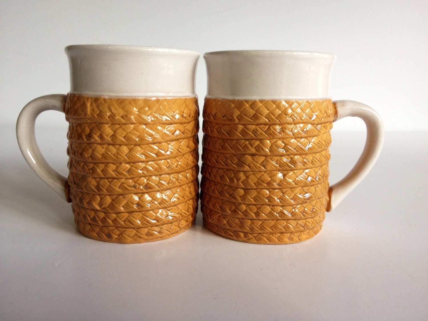 Pair Vintage Mugs Summer Beach House Cabin Pottery Faux Wicker - Etsy