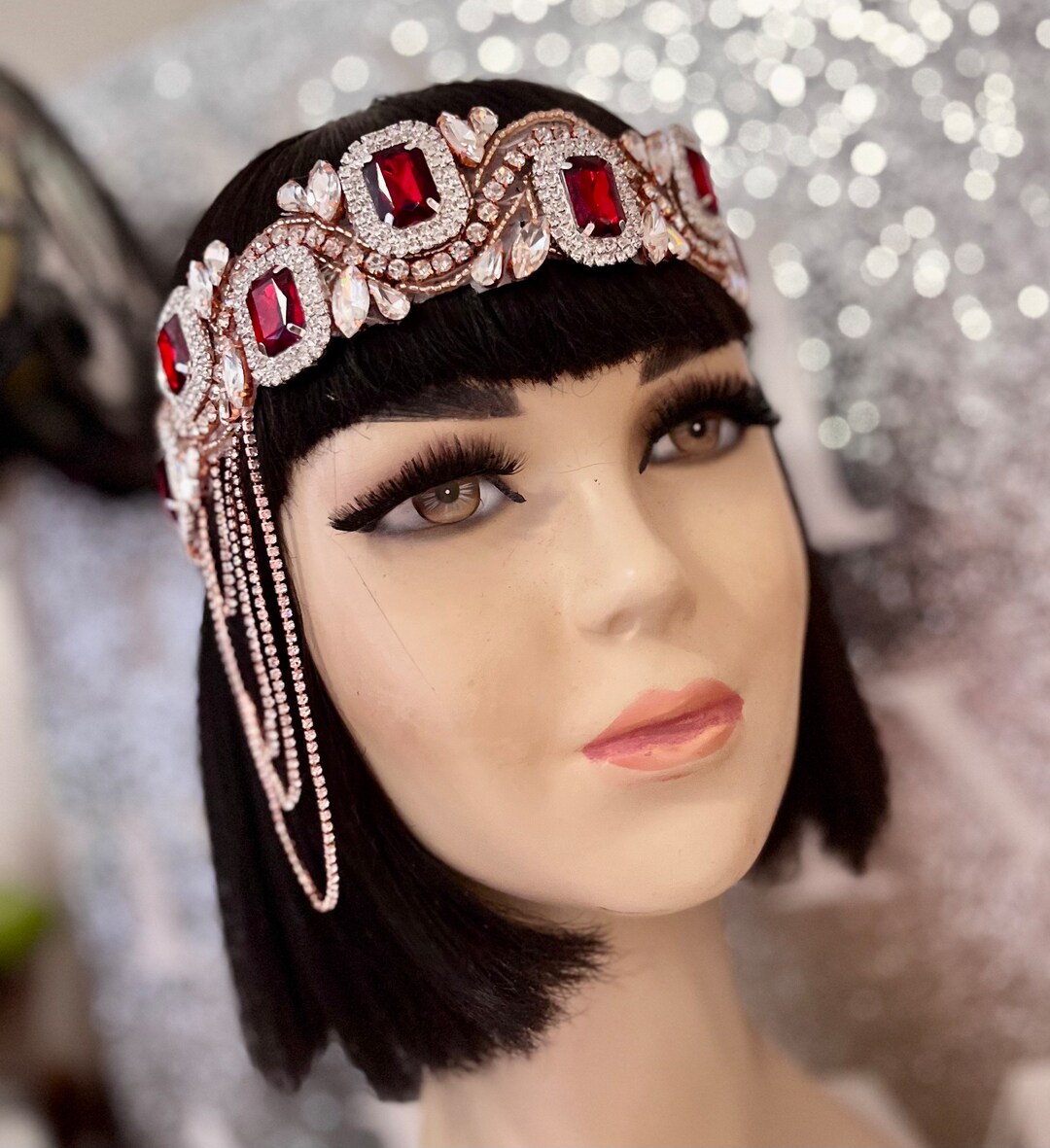 1920s Gatsby Ruby Red Crystal Headpiece, Art Deco Rose Gold Chain ...
