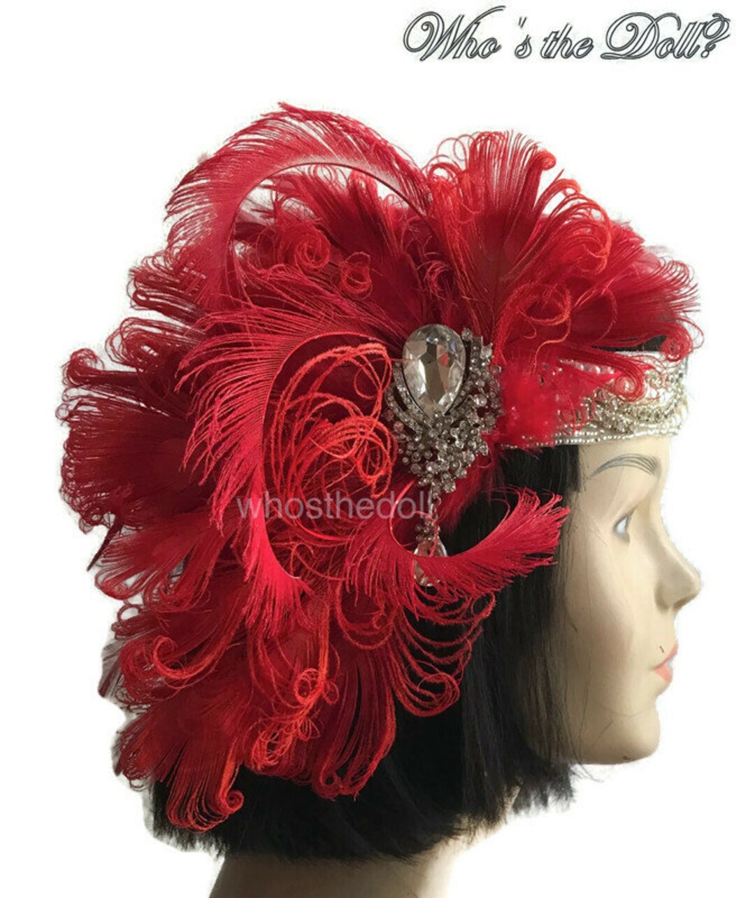 Stunning Gatsby Red Peacock Feather Headpiece Pearl Headband Art Deco Wedding Headpiece 1920s