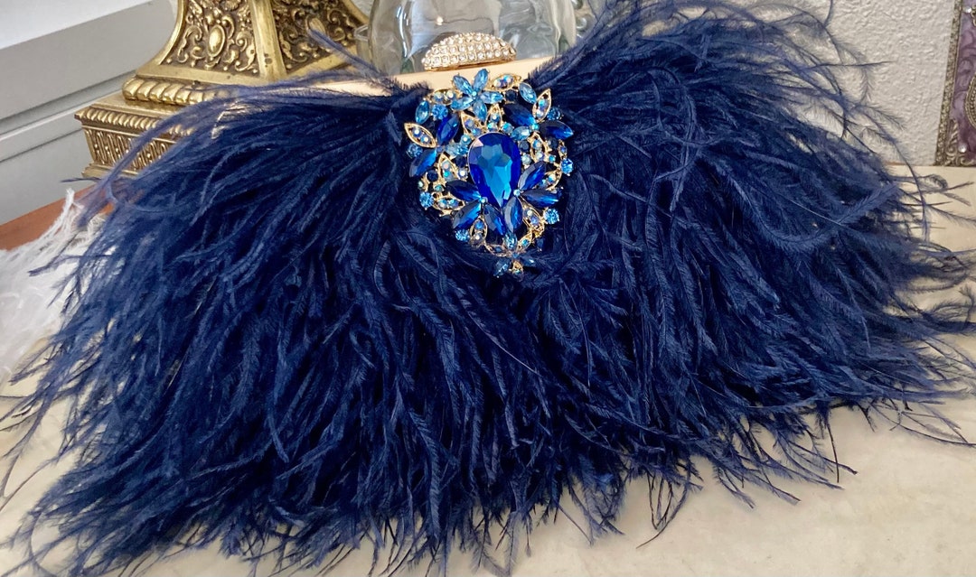 Art Deco Navy Blue and Gold Ostrich Feather Handbag, Gatsby Navy ...