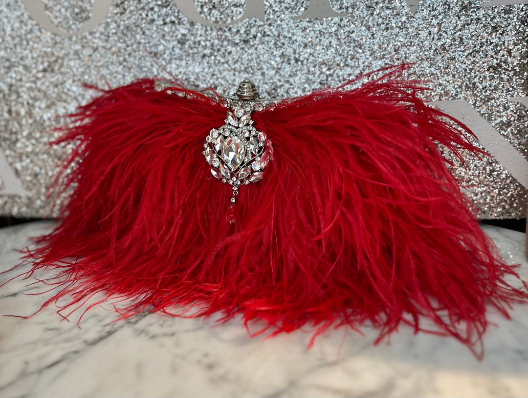 Art Deco Red Ostrich Feather Handbag, Gatsby Crystal Clutch Purse ...