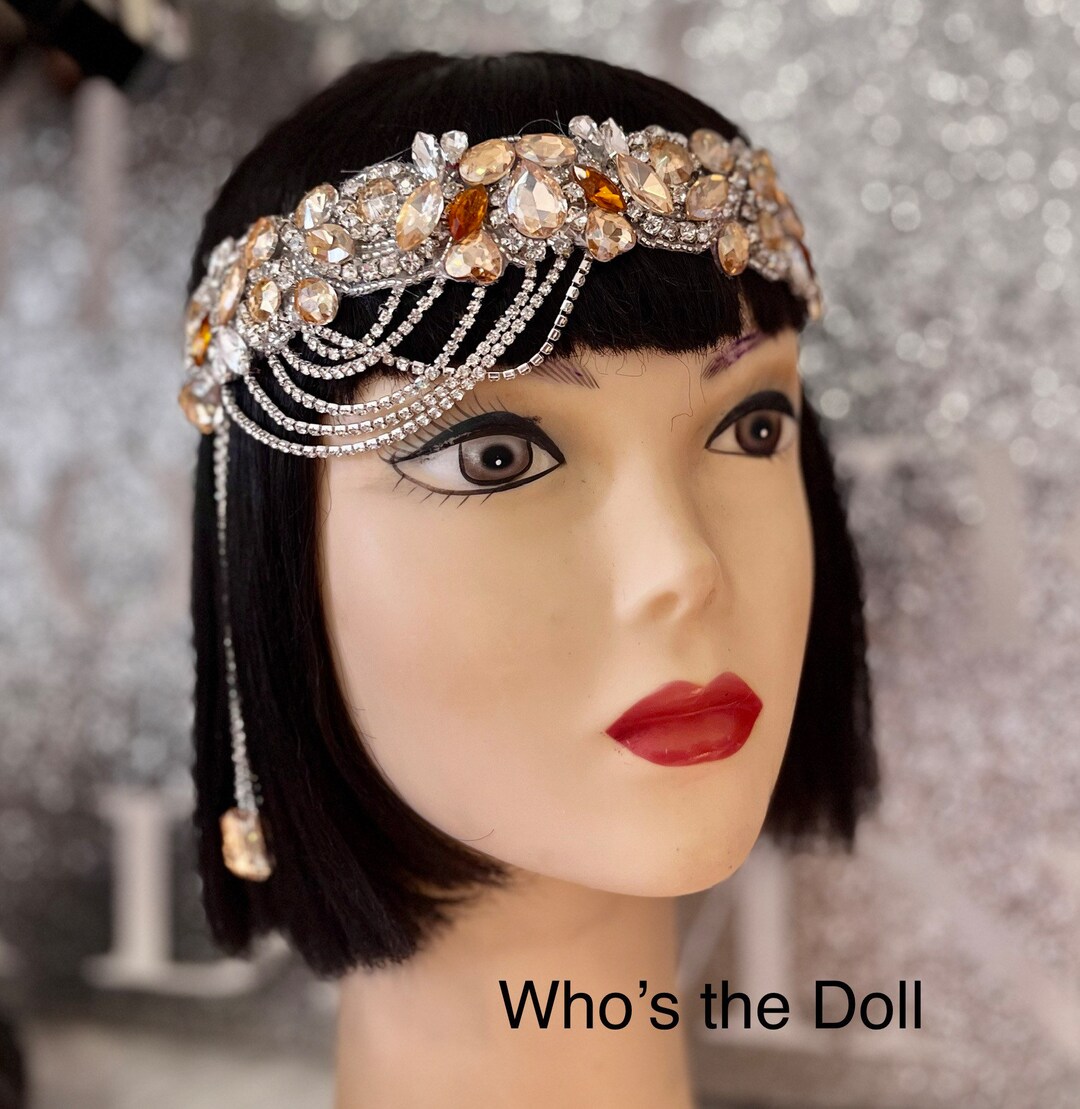 Gatsby Champagne and Topaz Headpiece, Gatsby Silver Chain Headband, Art ...