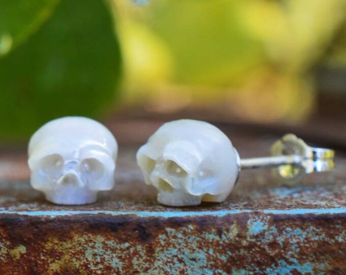Large Hand Carved Pearl Skull Stud Earrings - Sterling Silver Earrings ...