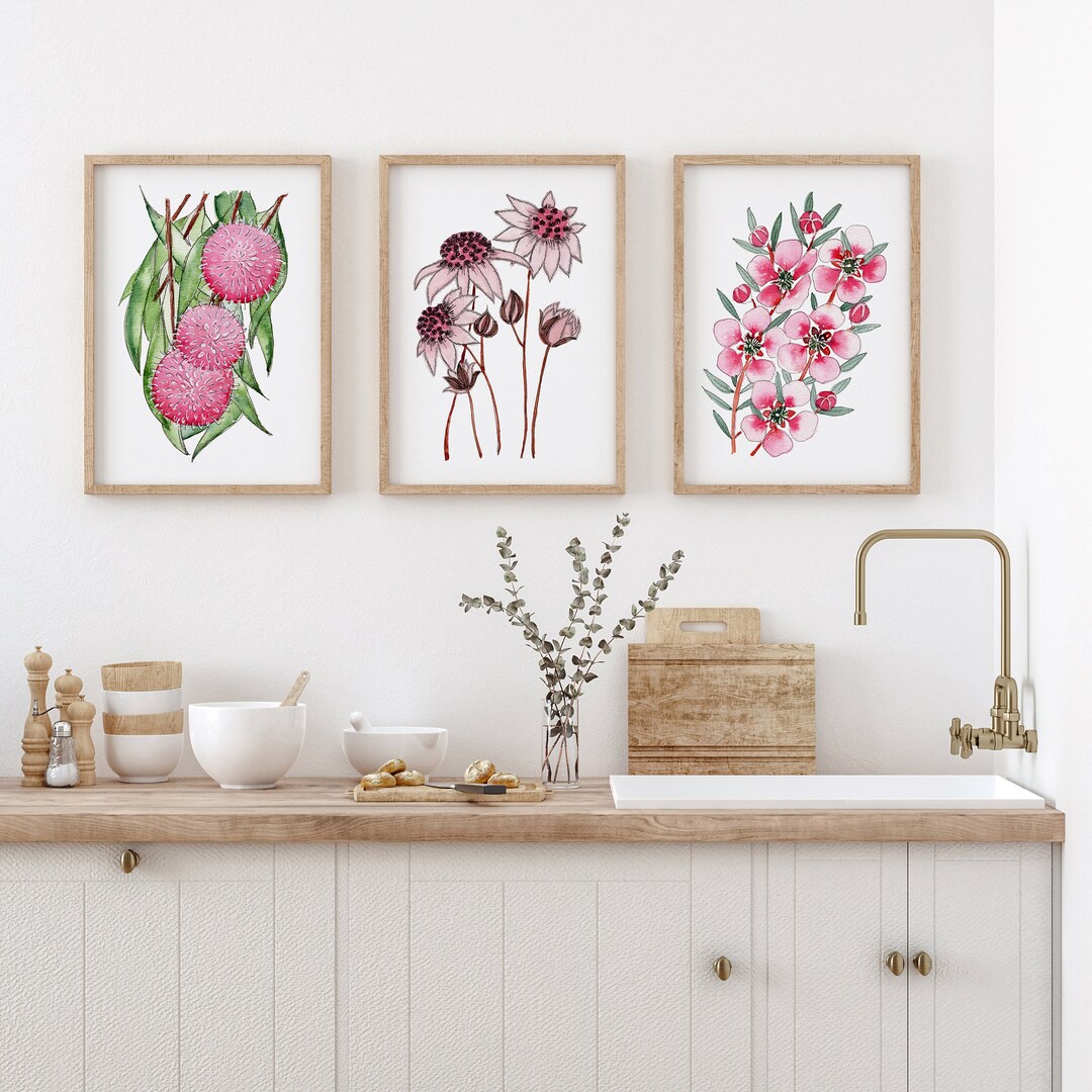 Pink Australian Native Floral in 3 Set, Botanical Art, Handmade Prints ...