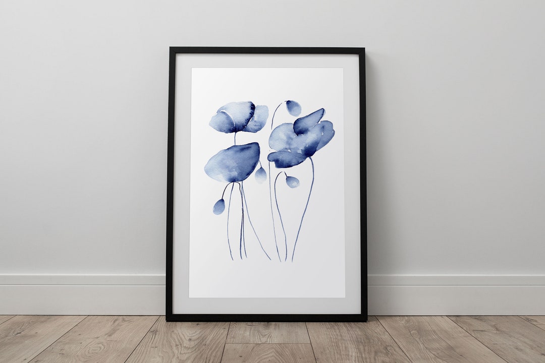 Poppy Dreams Blue Watercolour Flower Wall Art Print Hamptons Inspired ...