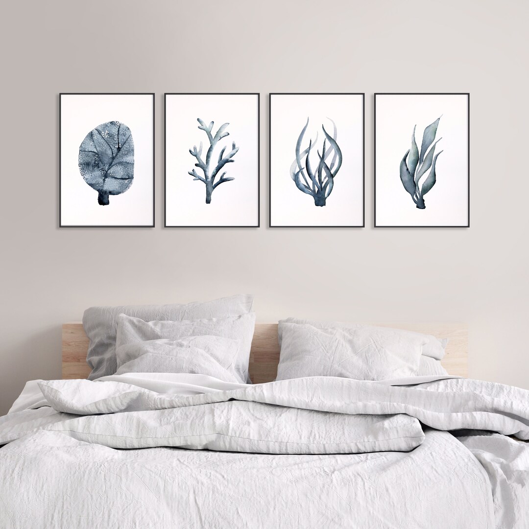 Grey Coastal Coral Wall Prints Set of 4 Prints, Coral Watercolor ...