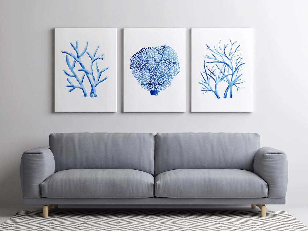 Hamptons Style Prints Blue Coastal Coral and Seaweed Set of 3 Nautical ...