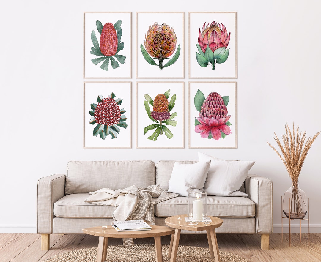 6 Set Red Australian Native Watercolour Wall Art Prints Red Banksia ...