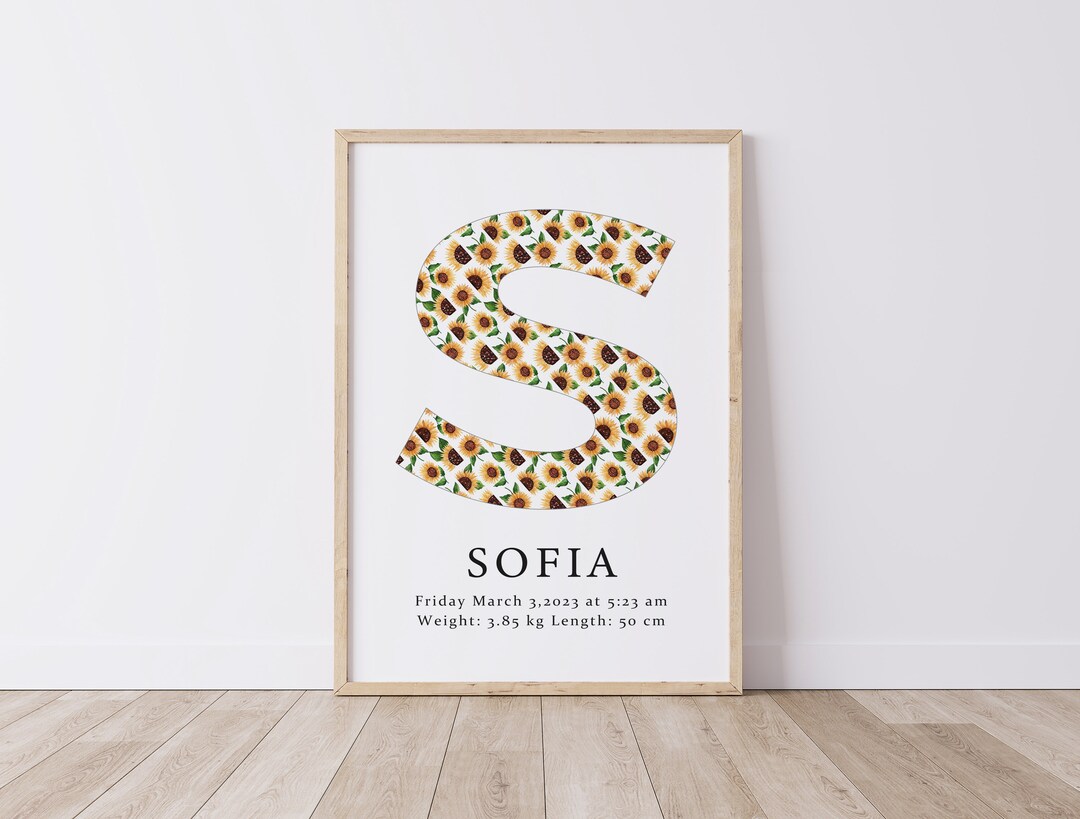 Custom Initial Letters With Birth Details Sunflower Wall Art Gift for ...