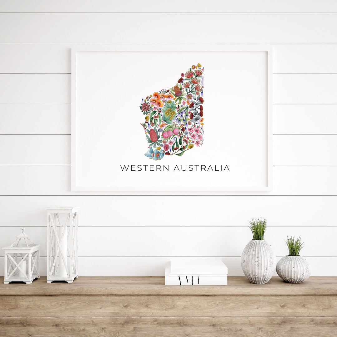 Western Australia Floral Native Map Watercolour Paintings, State Map ...