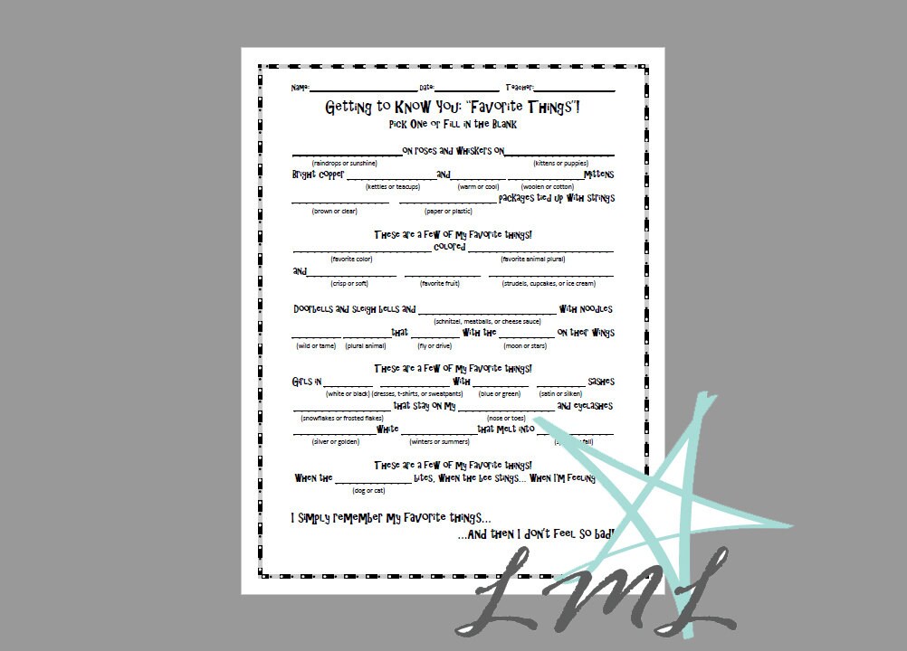 Getting to Know You "favorite Things" First Day of School Activity - Etsy