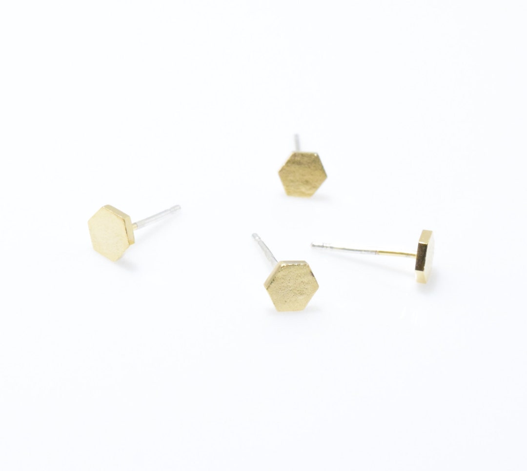 Hexagon Post Earring . Hexagon Brass Earring . 925 Sterling Silver Post ...