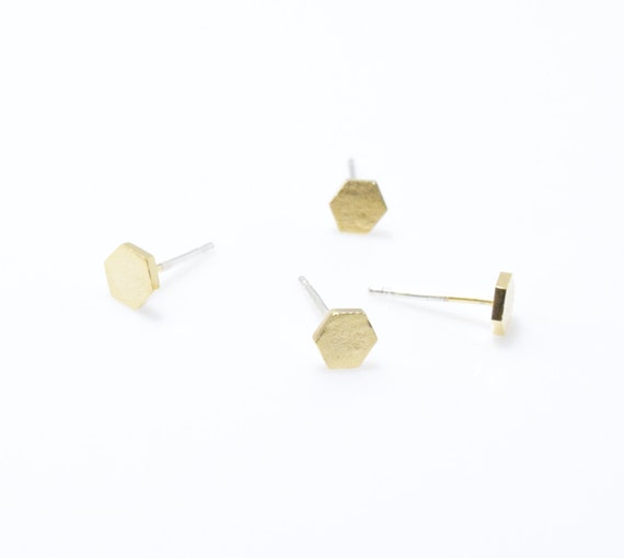 Hexagon Post Earring . Hexagon Brass Earring . 925 Sterling | Etsy
