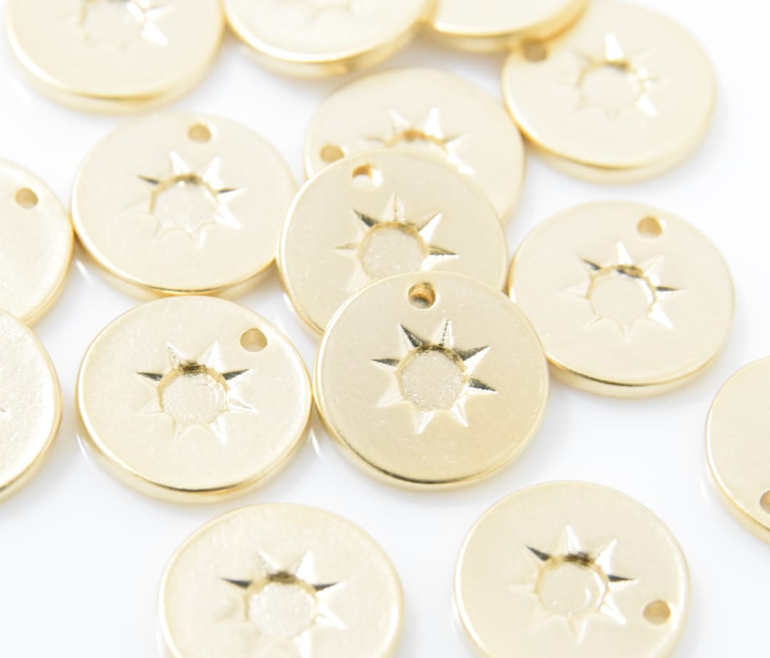 Sun Coin Pendant . Sun Coin Charm . Sun Coin Beads . 16K Matte Gold ...