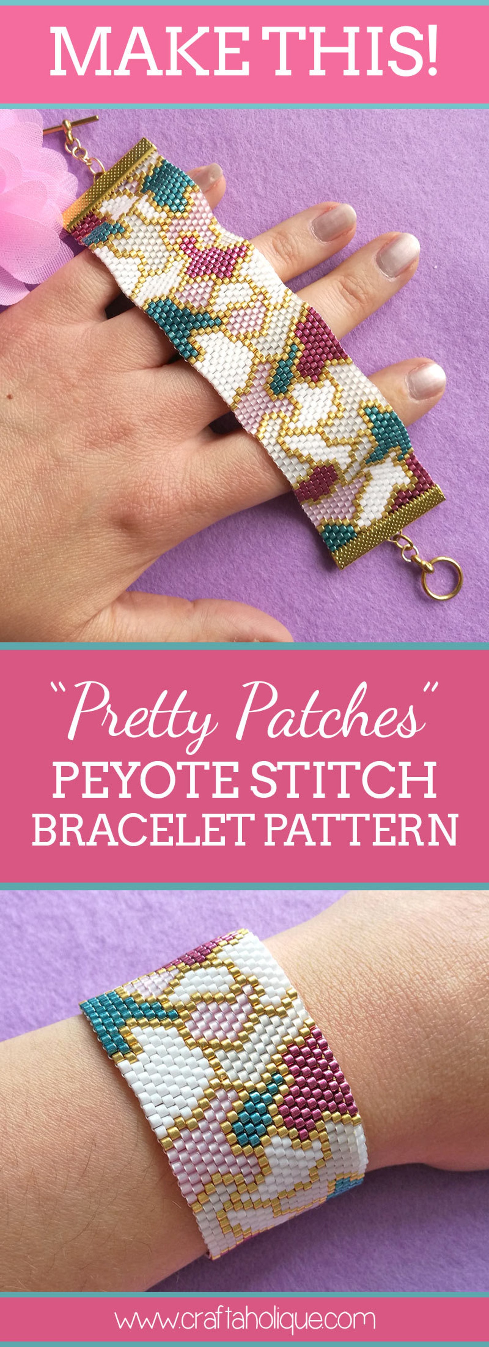Peyote Stitch Bracelet Pattern pretty Patches Teal, Pink, Gold & White ...