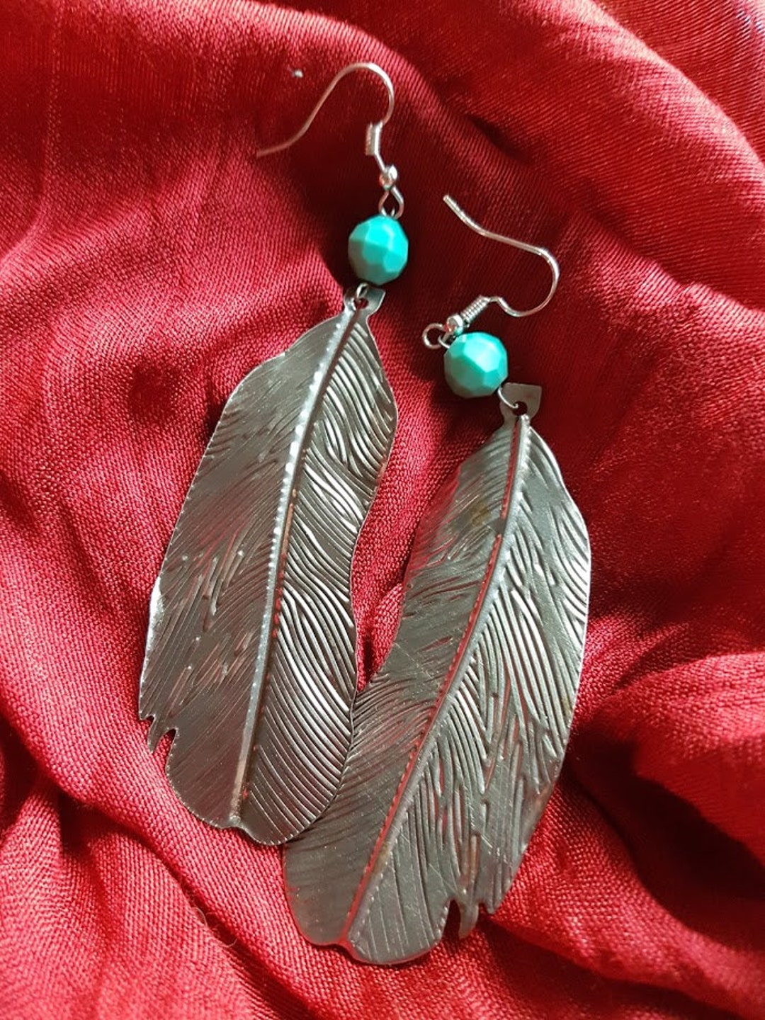 Silver Feather & Turquoise Earrings - Etsy Hong Kong