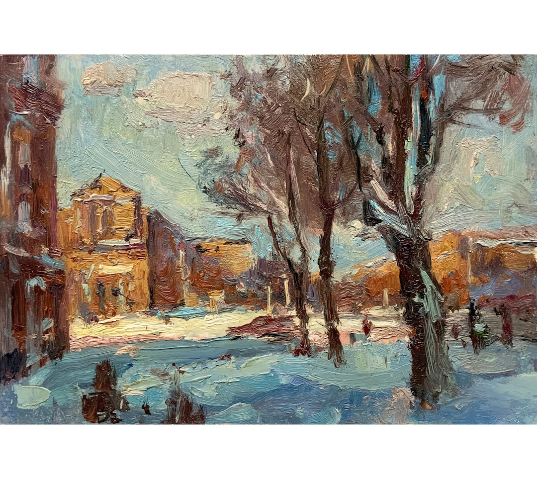 WINTER CITY PAINTING Vintage Original Oil Landscape by Ukraine Artist L ...
