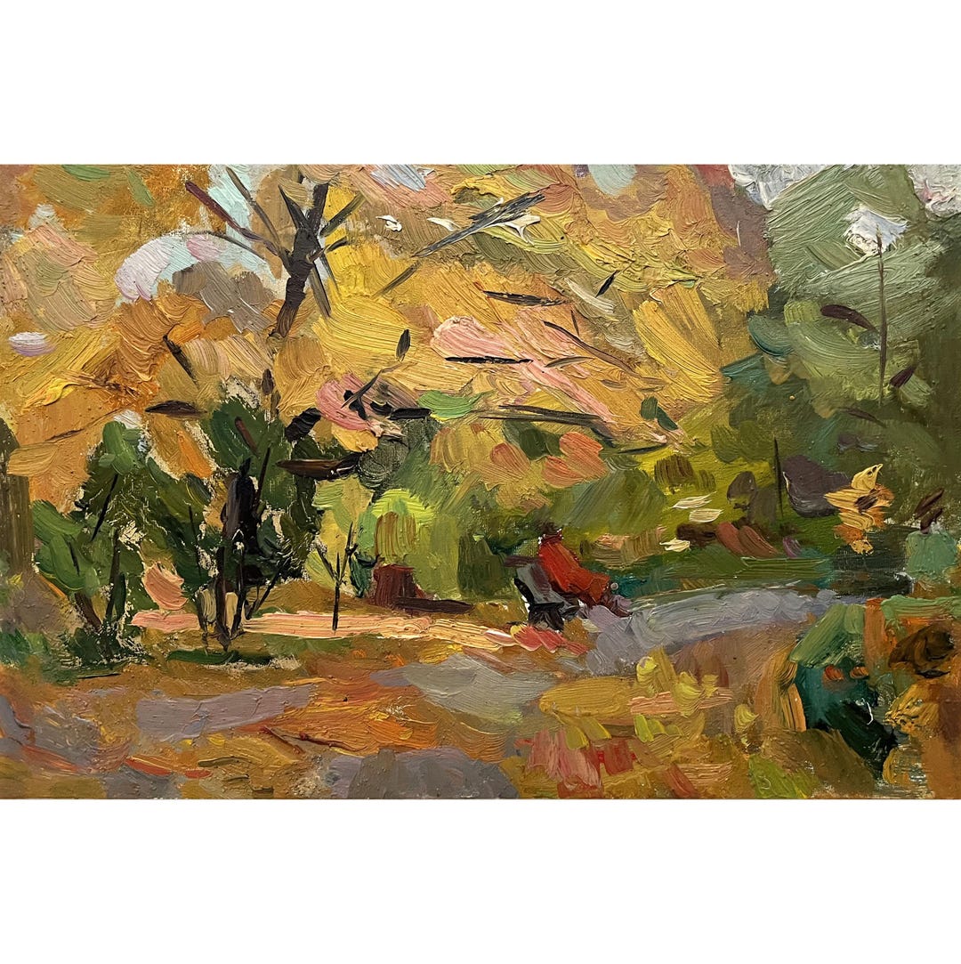 Vintage Impressionist Original Oil Painting Autumn Park Landscape by ...