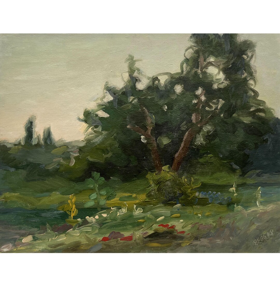 Mid Century Original Oil Painting Forest Landscape by Ukrainian Artist ...