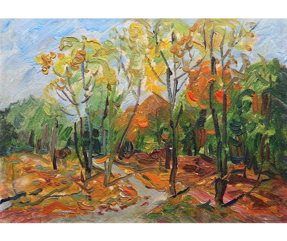 Oil Painting VINTAGE AUTUMN PAINTING Fall forest landscape Nature birch ...