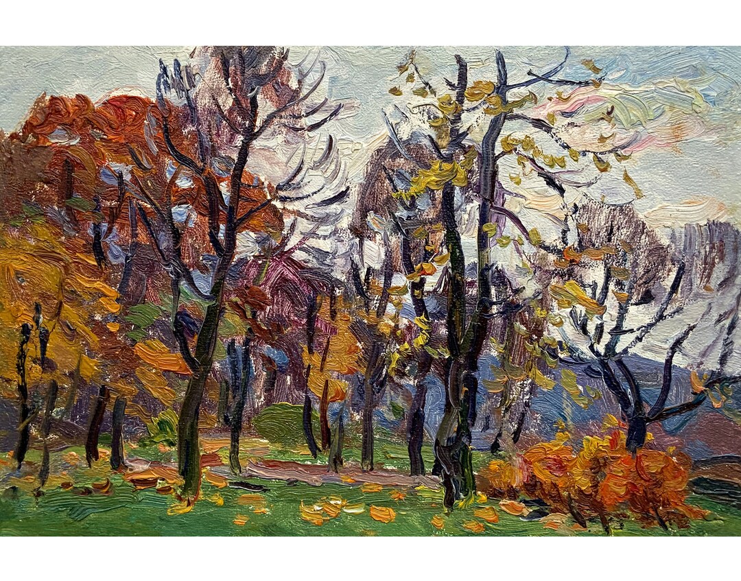 Vintage Impressionist Original Oil Painting Autumn Forest Landscape by ...