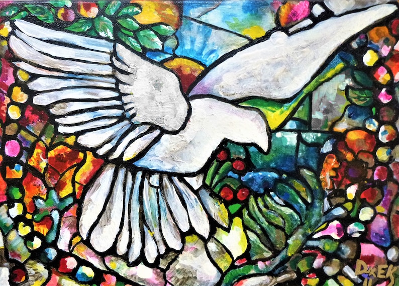 Dove Painting on Canvas White Dove Flying Mixed Media White Dove Wall ...