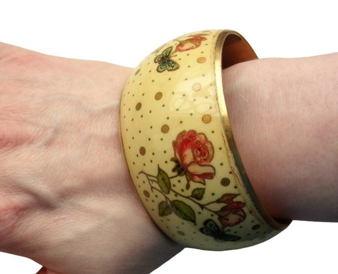 Vintage 70s Boho Bracelet Chunky Brass Lucite Bangle W Pink Roses ...
