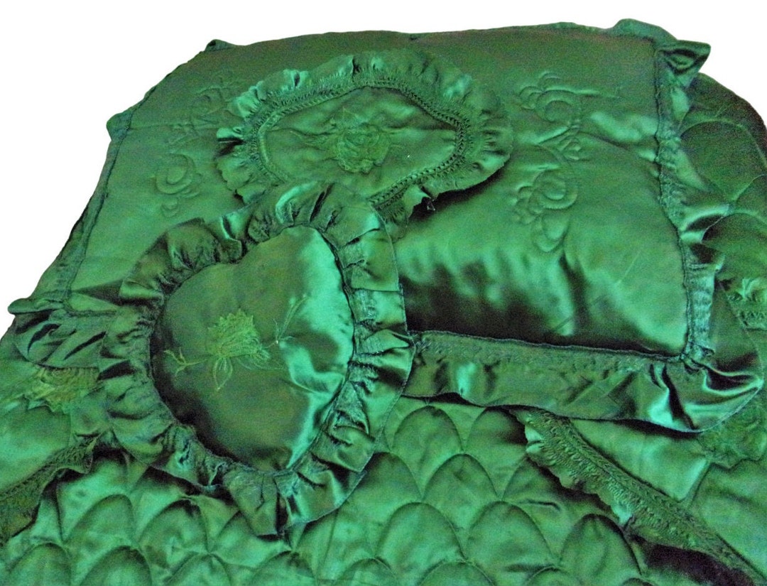 70s Satin Green Single Bed Quilted Bedspread Set Decorative - Etsy