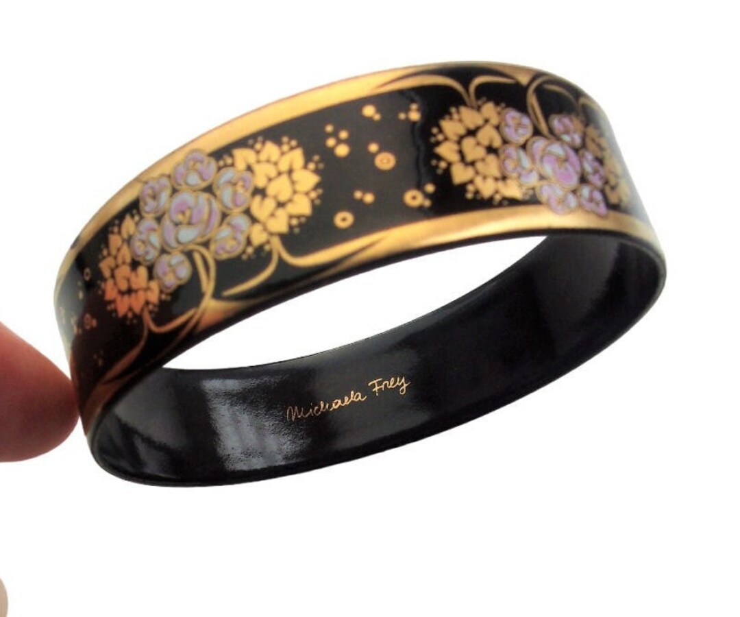 New Michaela Frey Art Nouveau Style Bangle Black Gold Enamel Pink White ...