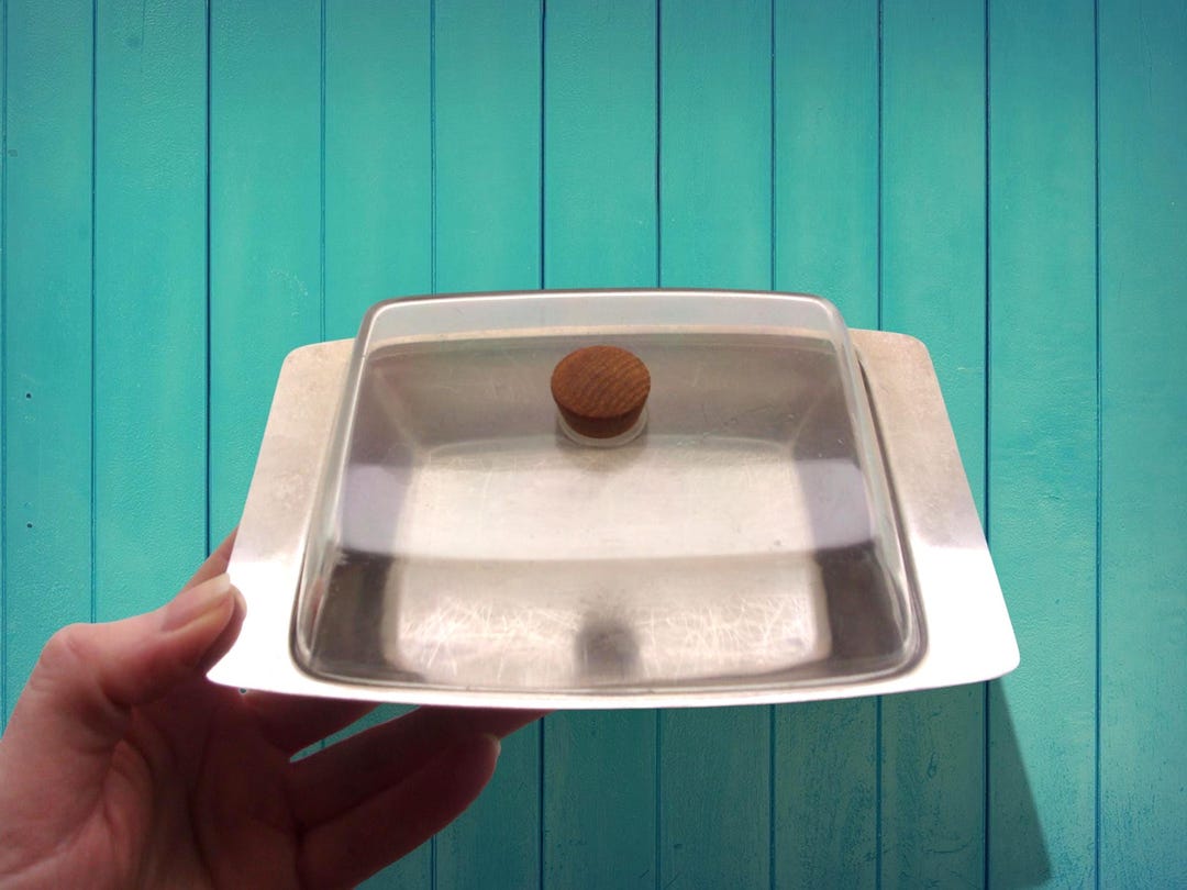 Vintage 1950s–70s Butter Keeper – Brushed Steel, Perspex Lid ...