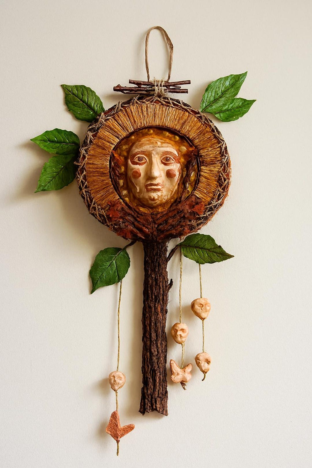 Forest Guardian Wall Hanging: Clay Sculpture, Twig Frame, Nature Spirit ...