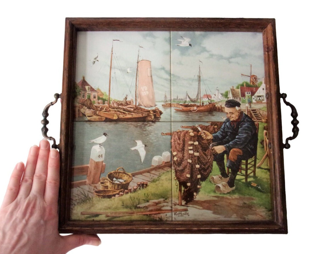 Delf Vintage 1960s Mid-century Tray Ceramic Tiles Brass Handles Dutch ...