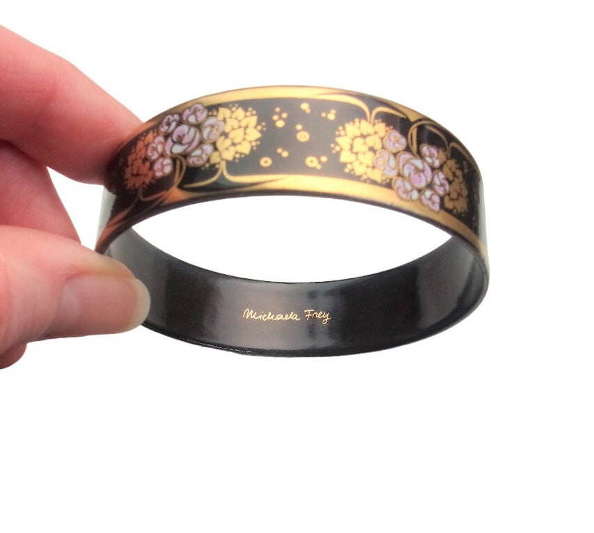 New Michaela Frey Art Nouveau Style Bangle Black Gold Enamel Pink White ...