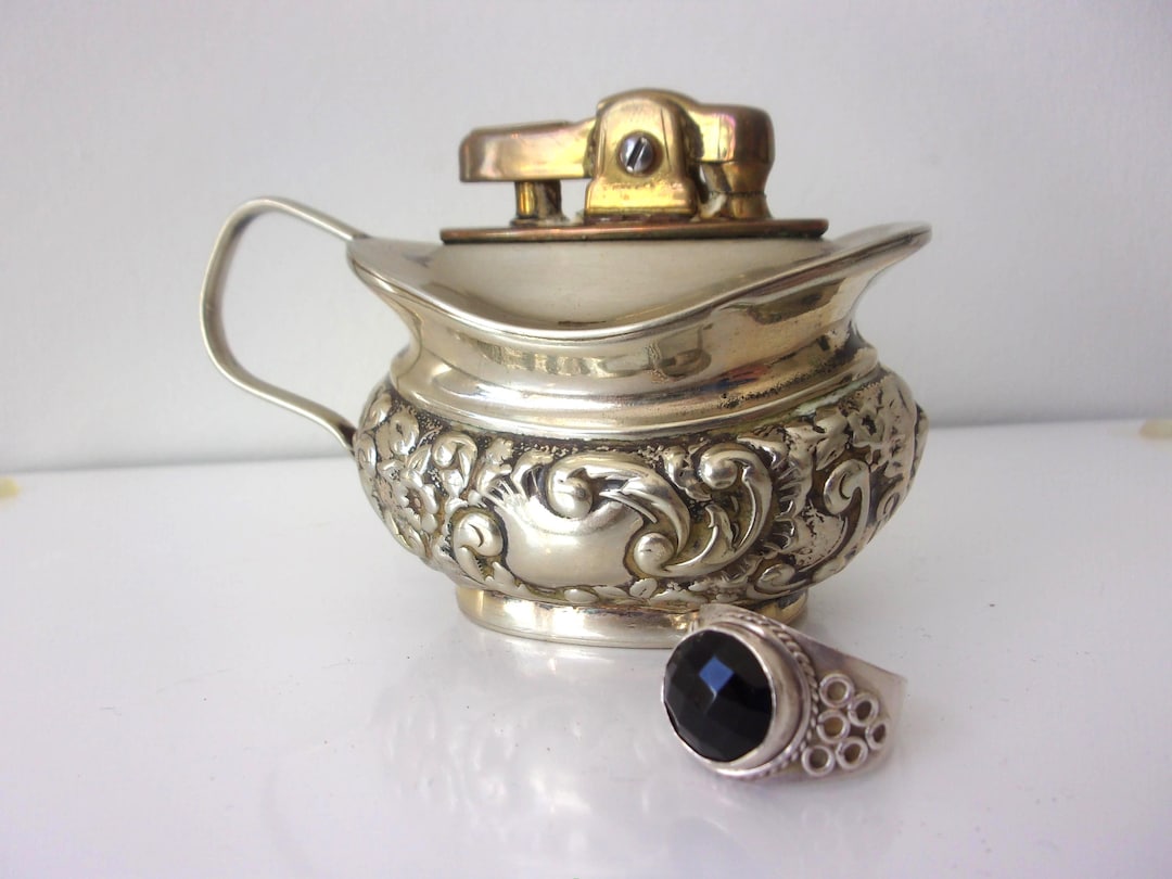 1950s Mosda Table Lighter: Silver Scrollwork Teapot Accent, Brass ...