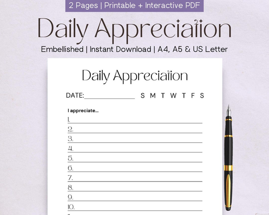 Daily Appreciation Journal Printable Digital PDF, Mindfulness Diary ...