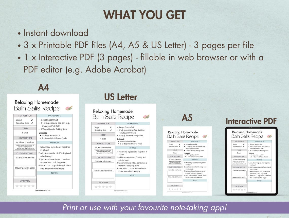 DIY Bath Salts Recipe Card Printable Digital Bath Salts Planner ...