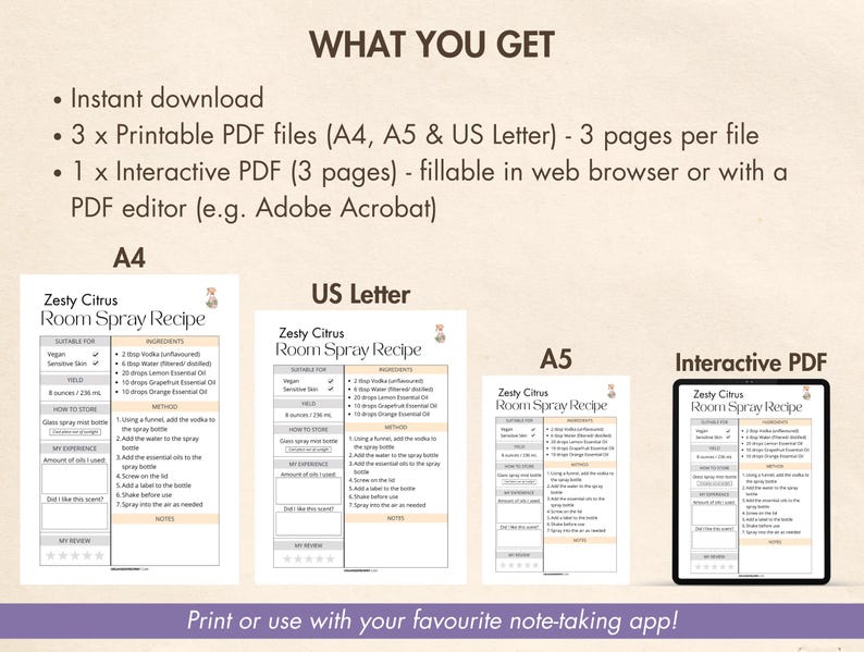 DIY Zesty Citrus Room Spray Recipe Printable Digital Air Freshener Recipe Card Homemade ...