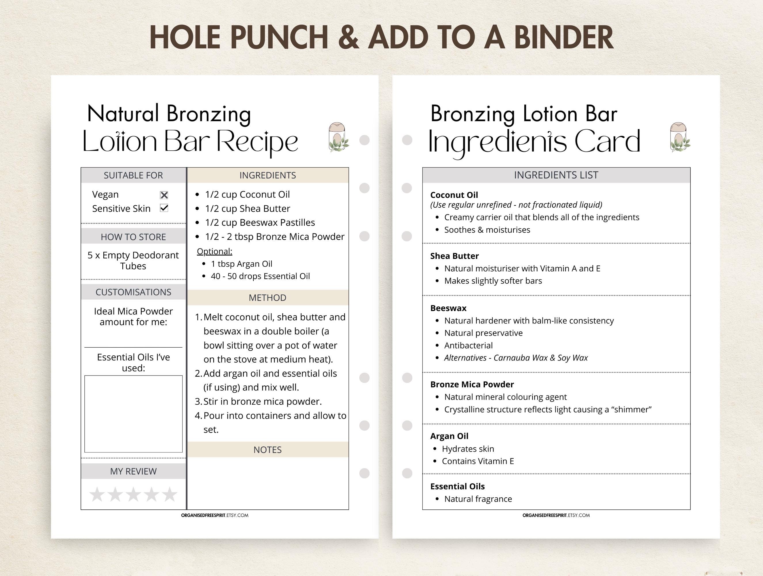 DIY Bronzing Lotion Bar Recipe Printable Lotion Bar Recipe Card Natural ...