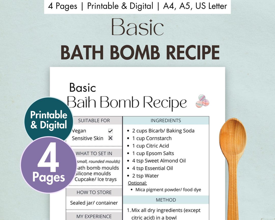 DIY Basic Bath Bomb Recipe Card Printable & Digital Bath Bomb Planner ...