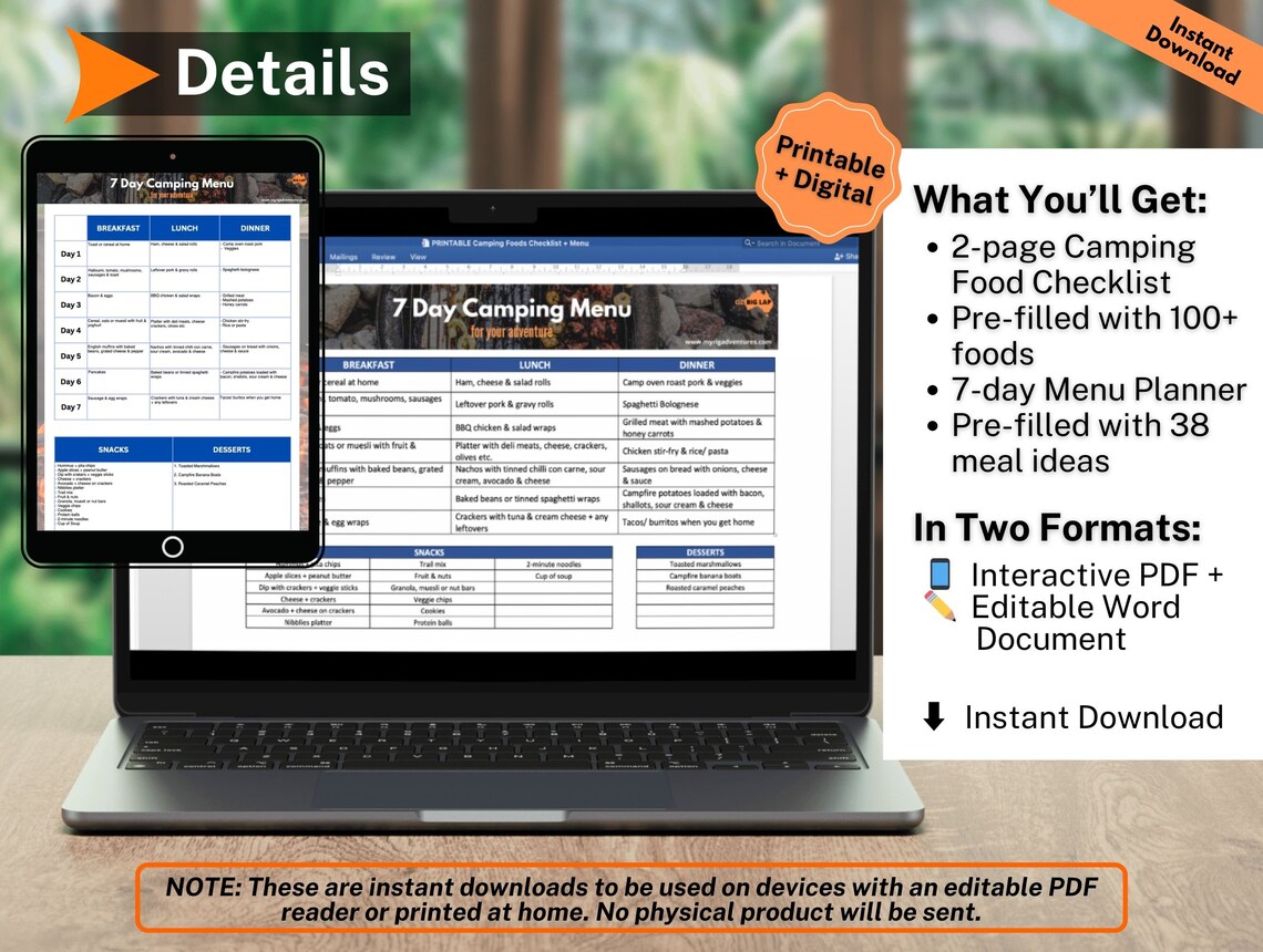 7-day Camping Menu Planner Printable Camping Food Checklist Digital RV ...