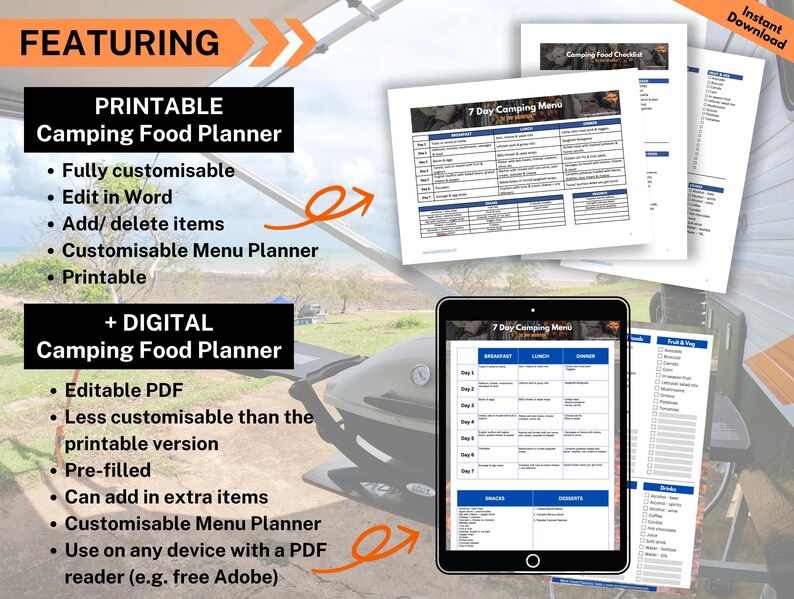 7-day Camping Menu Planner Printable Camping Food Checklist Digital RV ...