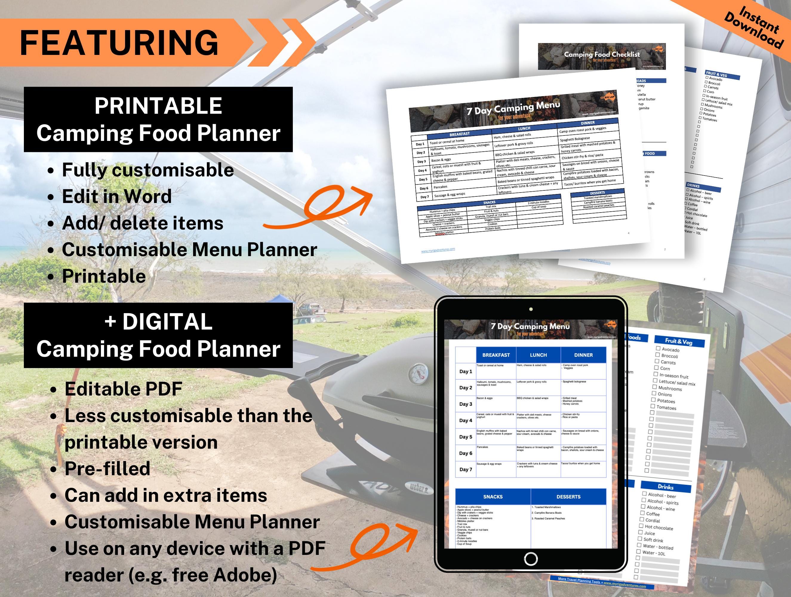 7-day Camping Menu Planner Printable Camping Food Checklist Digital RV ...