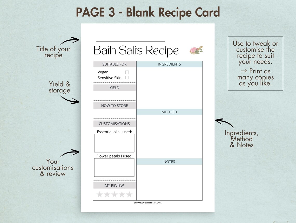 DIY Bath Salts Recipe Card Printable Digital Bath Salts Planner ...