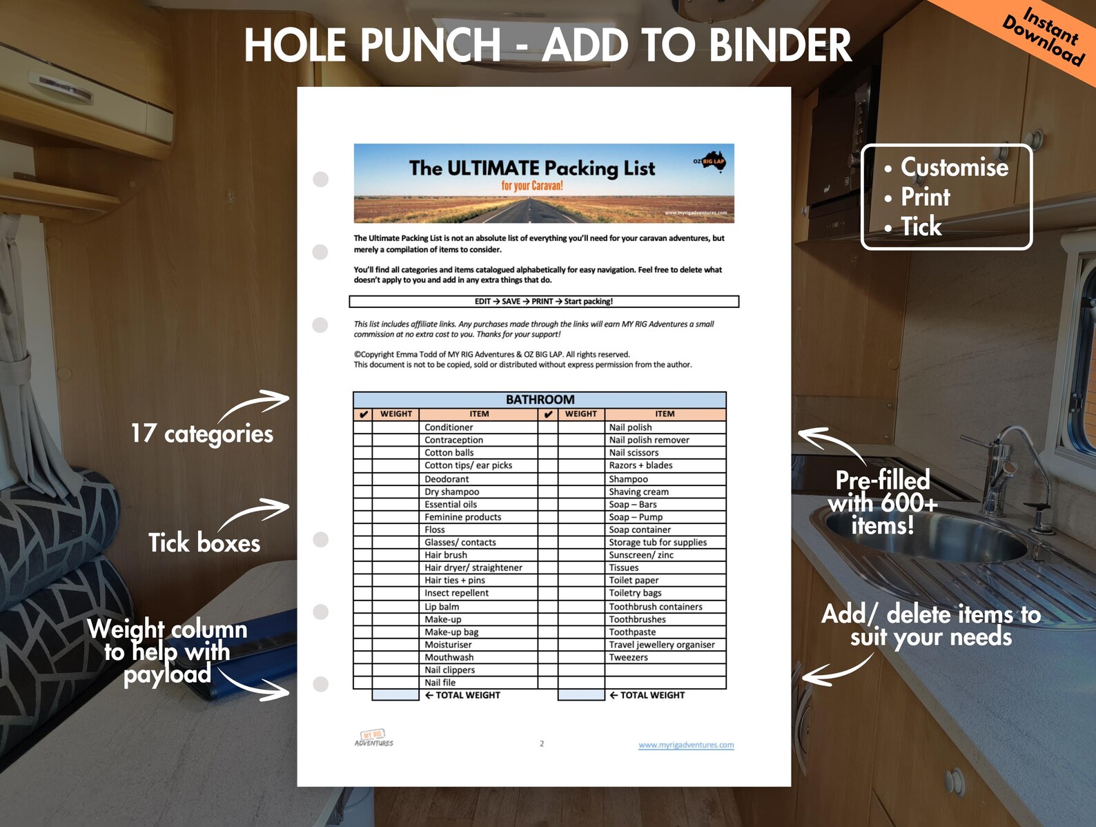 Caravan Packing Checklist Printable RV Planner Motorhome Packing List ...
