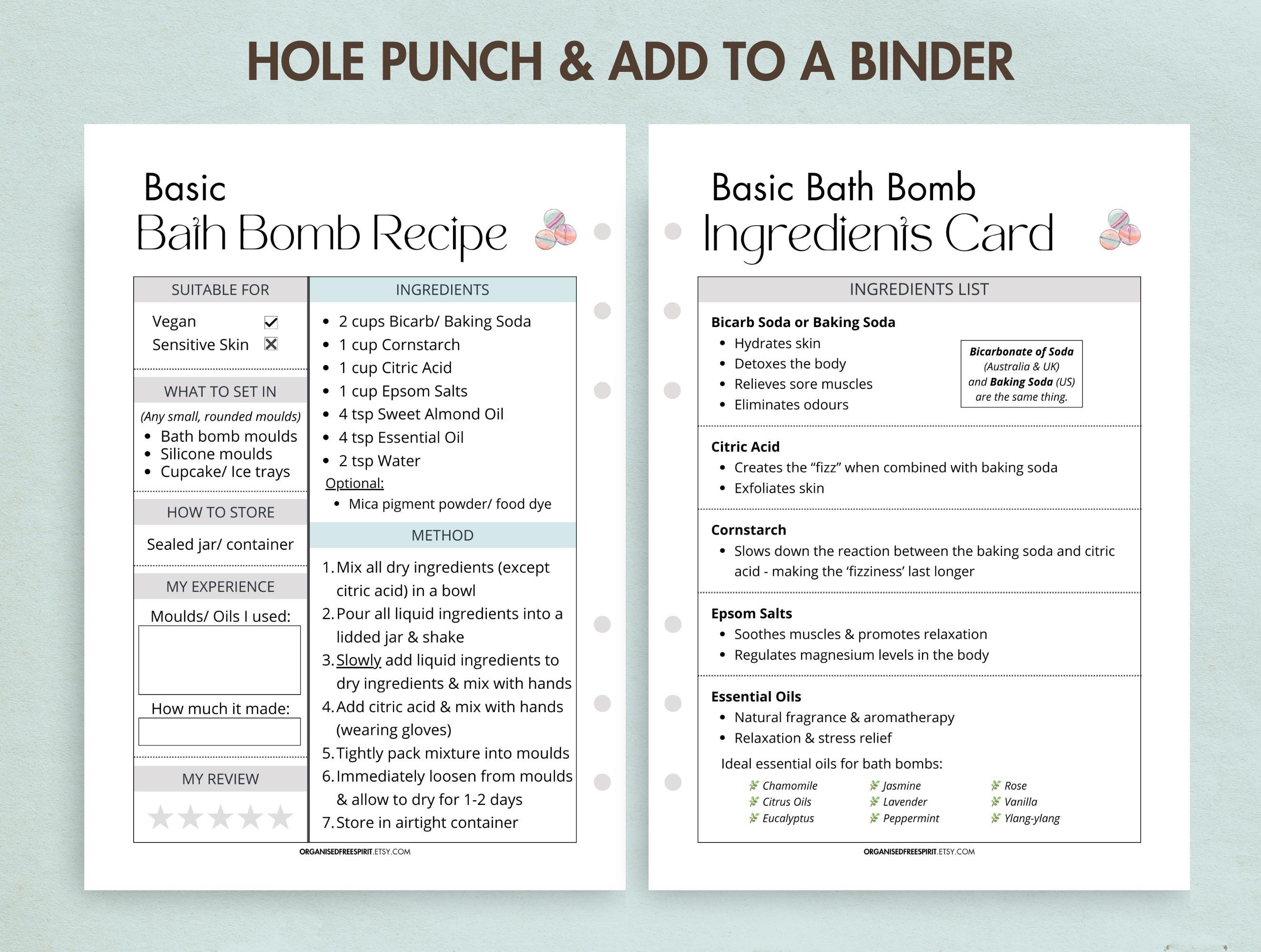 DIY Basic Bath Bomb Recipe Card Printable & Digital Bath Bomb Planner ...