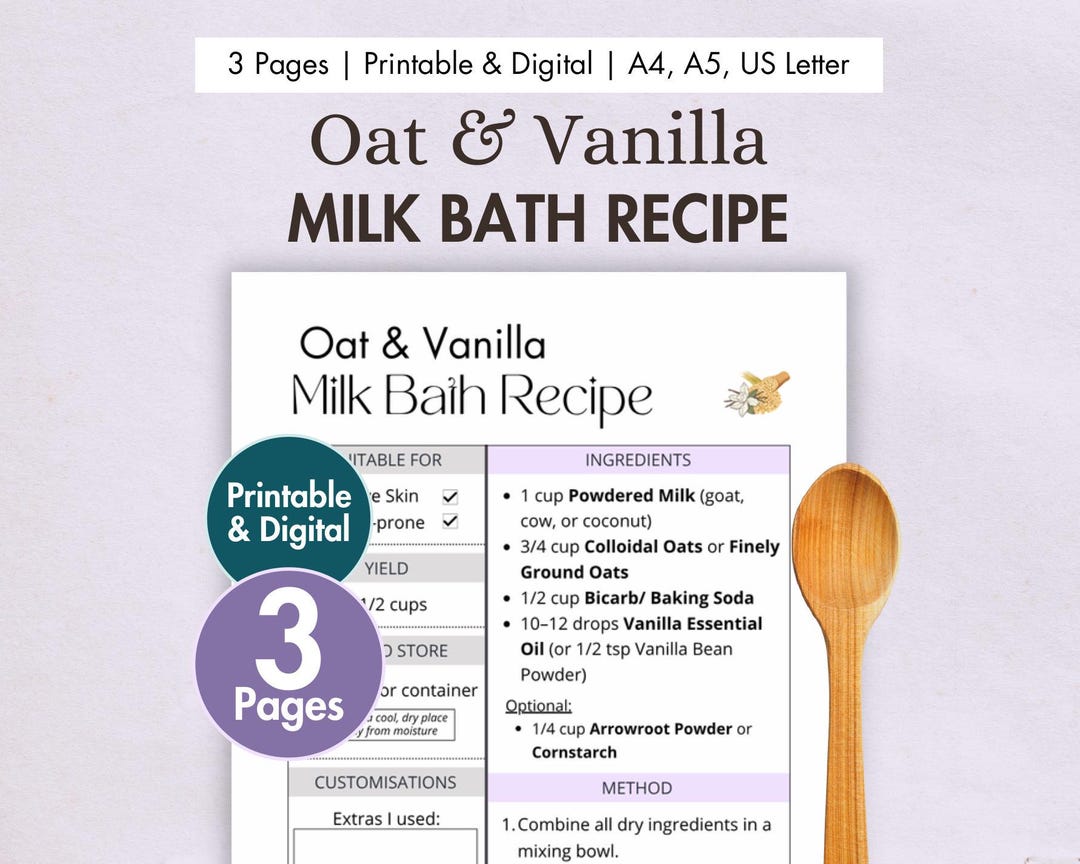 DIY Oat & Vanilla Milk Bath Recipe Printable | Soothing Bath Soak With ...